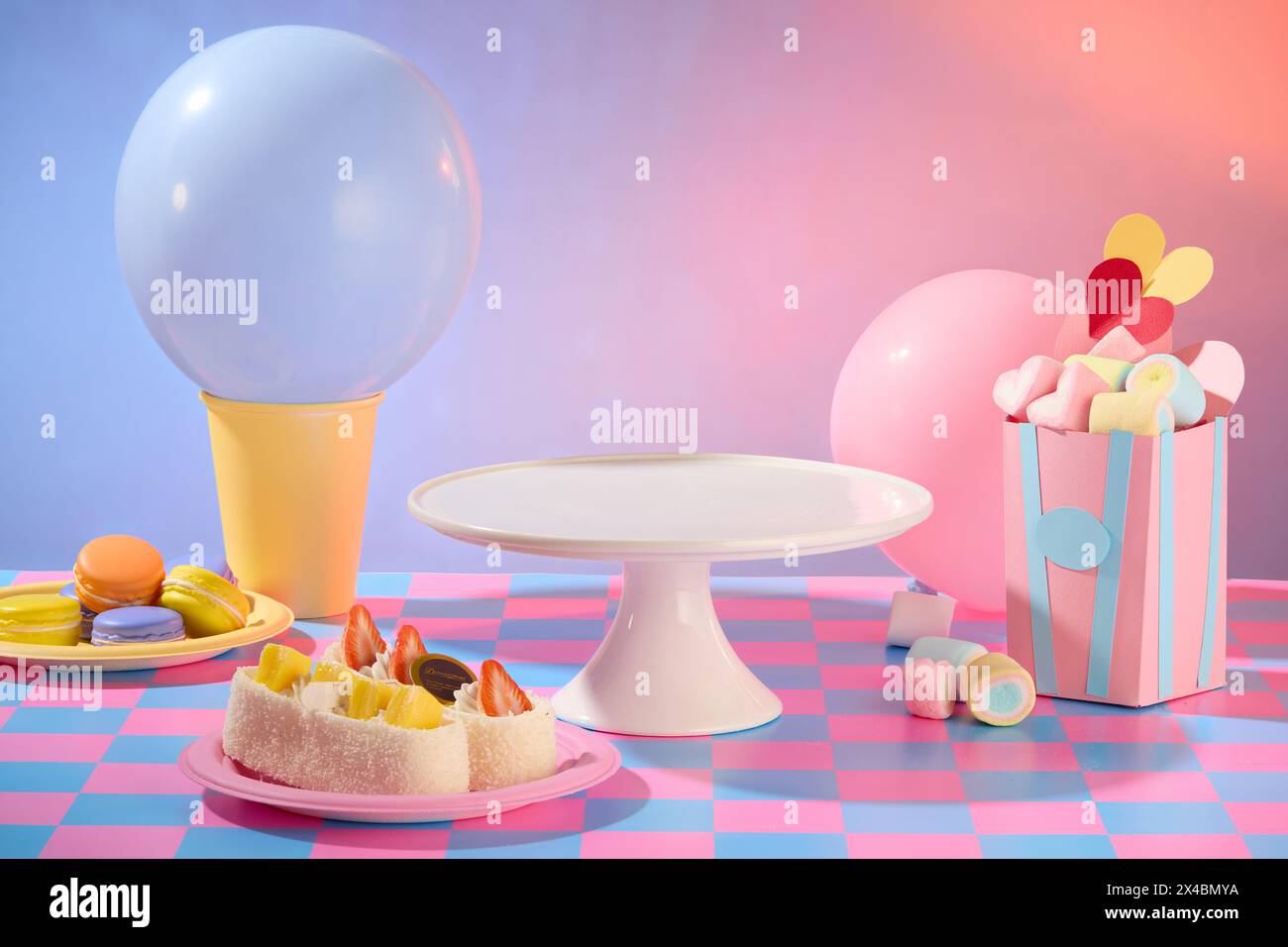 Snack party with plates of delicious cakes, sweet sponge candy and cute ...