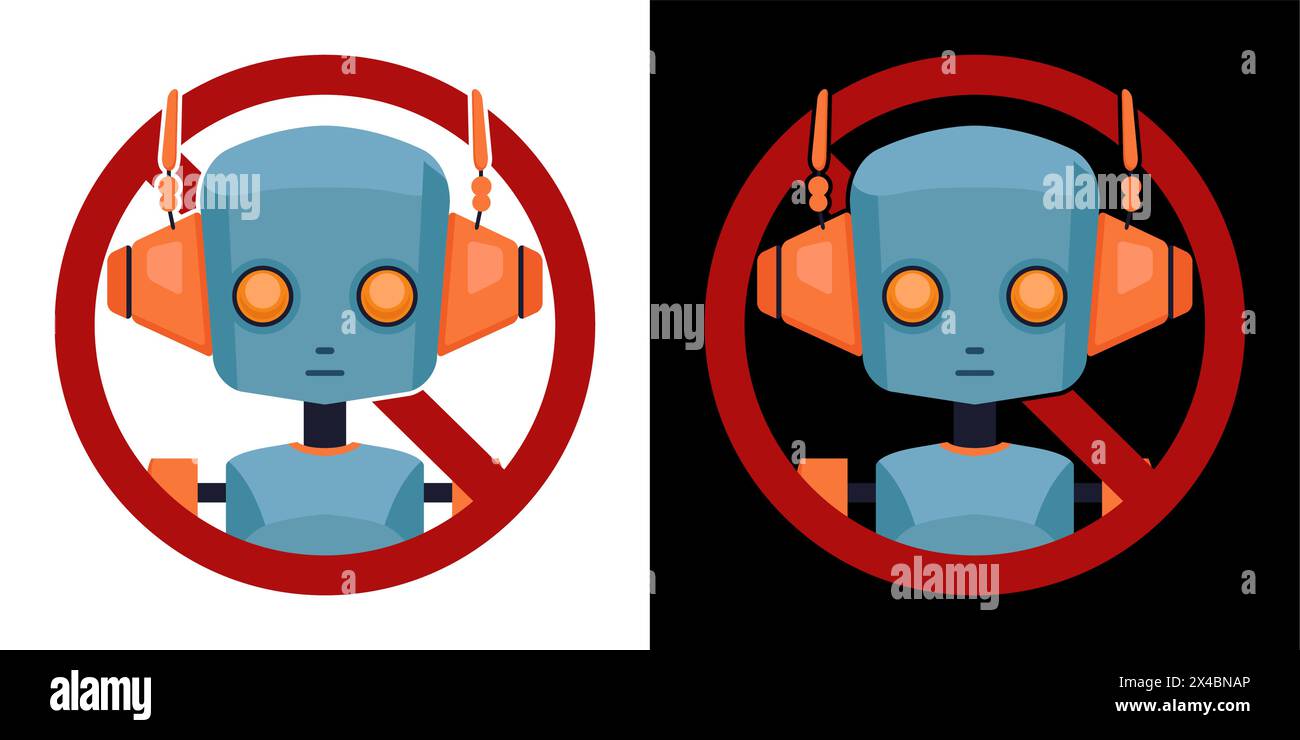 Set of vector cartoon robots in prohibition sign an white and black ...