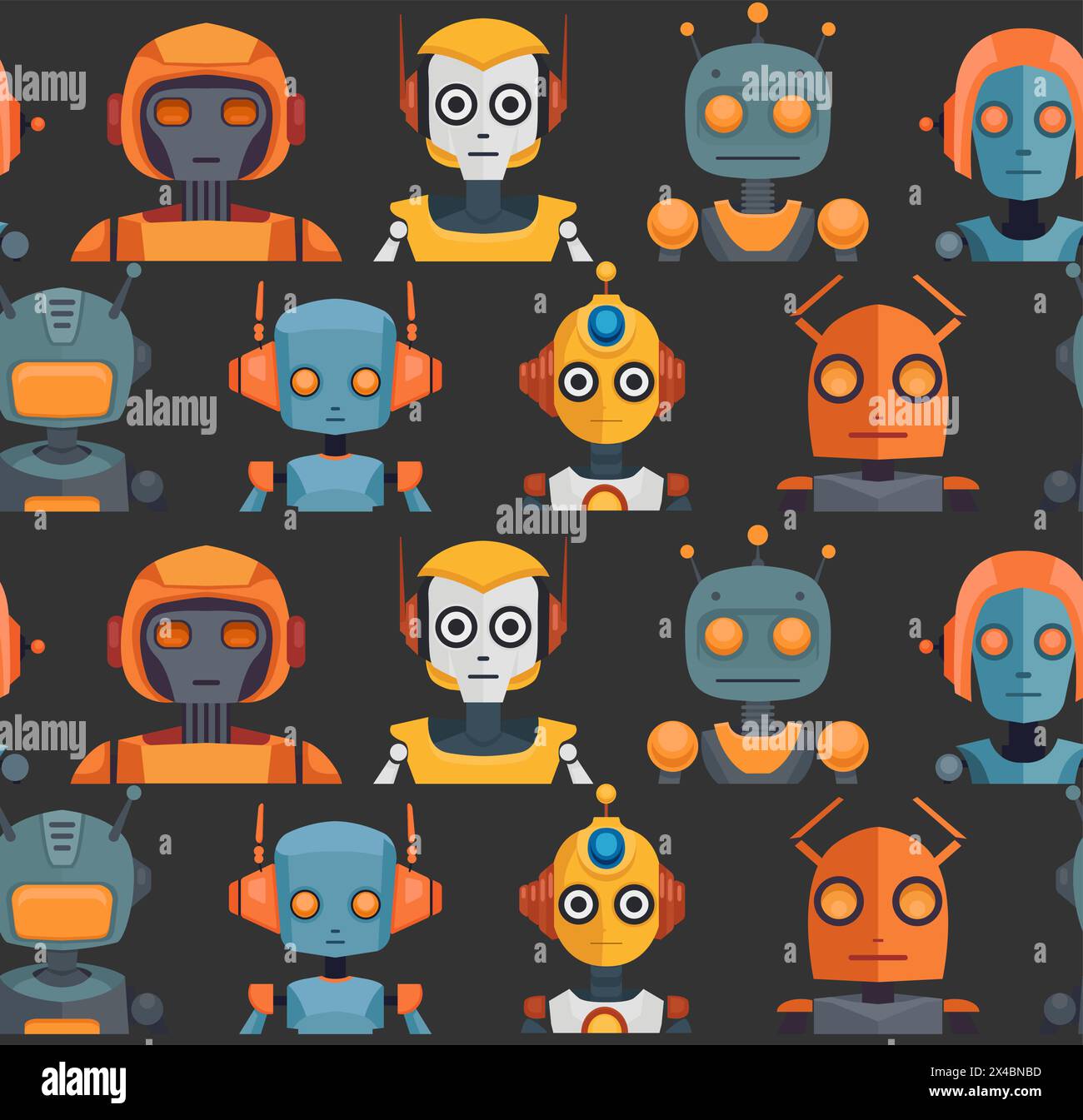 Child cheerful pattern with bright cartoon robots on gray background ...