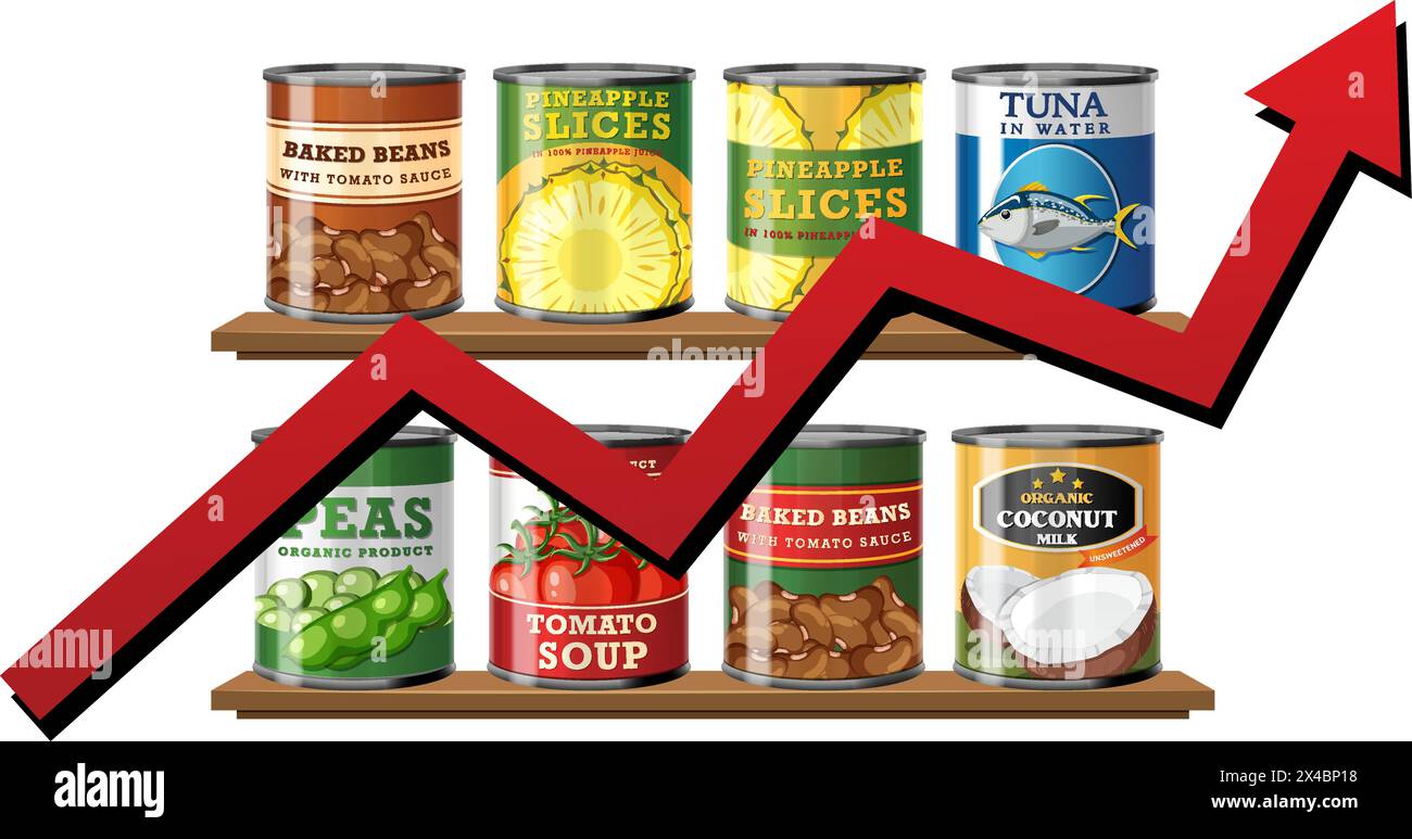 Various canned goods displayed with rising arrow graphic Stock Vector ...