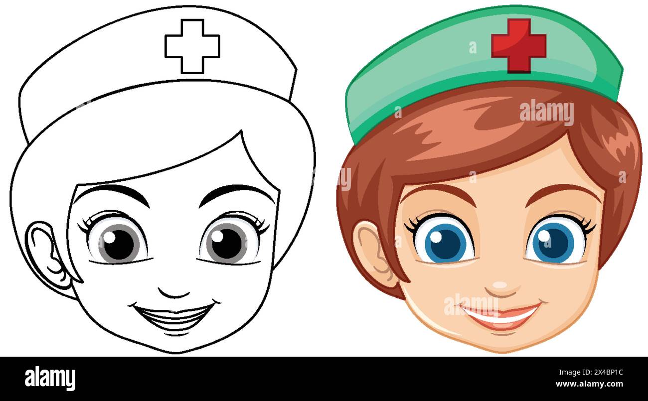 Two cartoon nurses, one colored and one line art Stock Vector Image ...