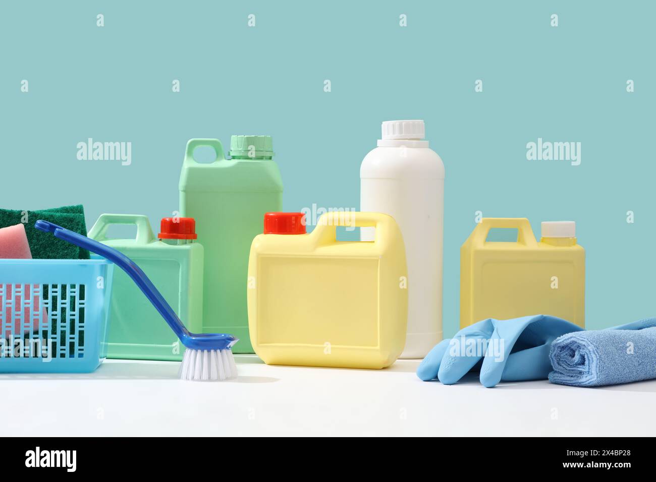 Cleanliness concept for advertising product. Front view of yellow ...