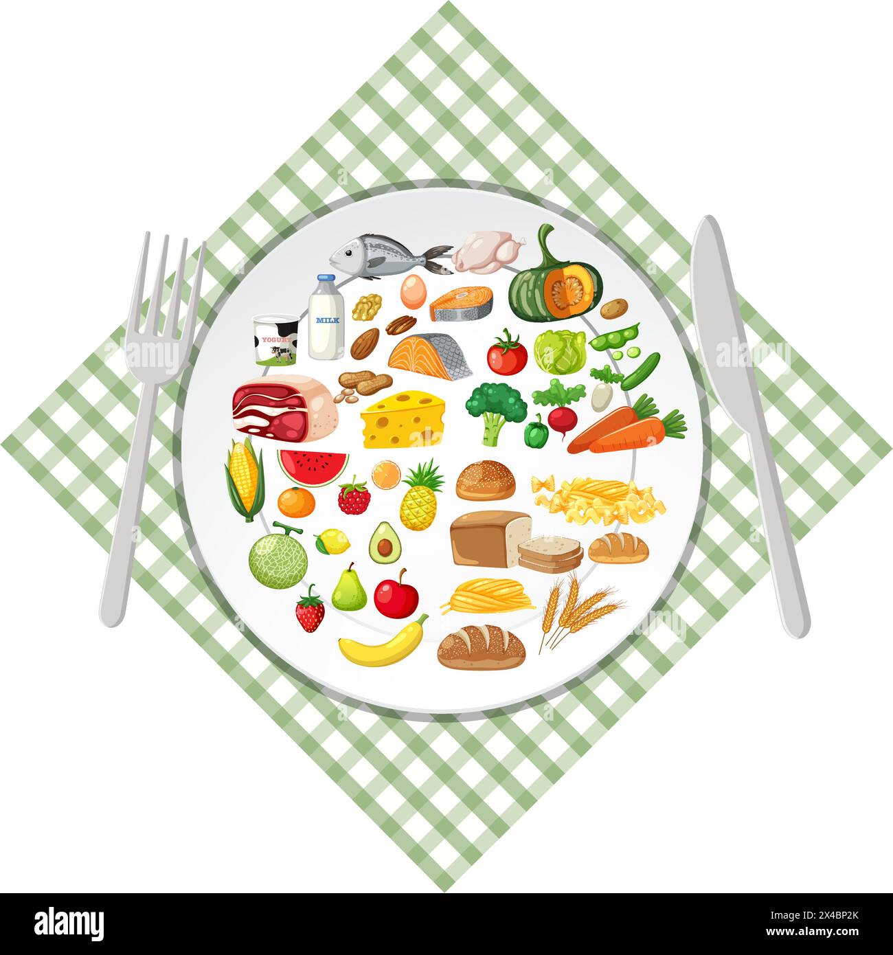 Vector illustration of various foods on a plate Stock Vector Image ...