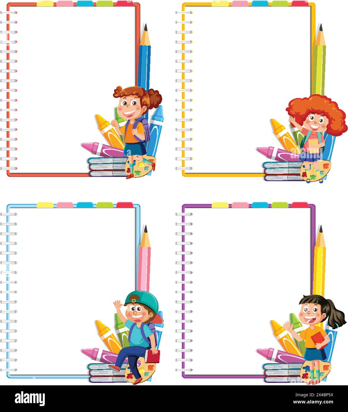 Four vibrant notebook designs with cheerful children Stock Vector Image ...