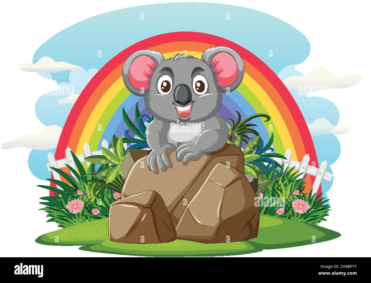 Cute koala sitting on a rock with colorful rainbow Stock Vector Image ...