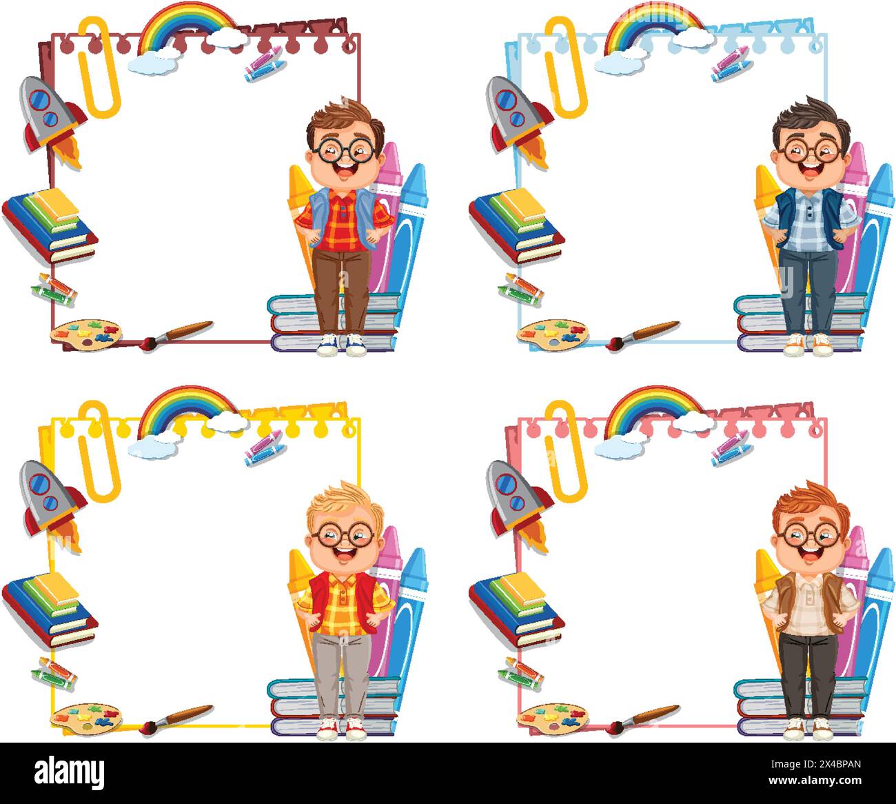 Illustrations of students with school supplies and frames Stock Vector ...