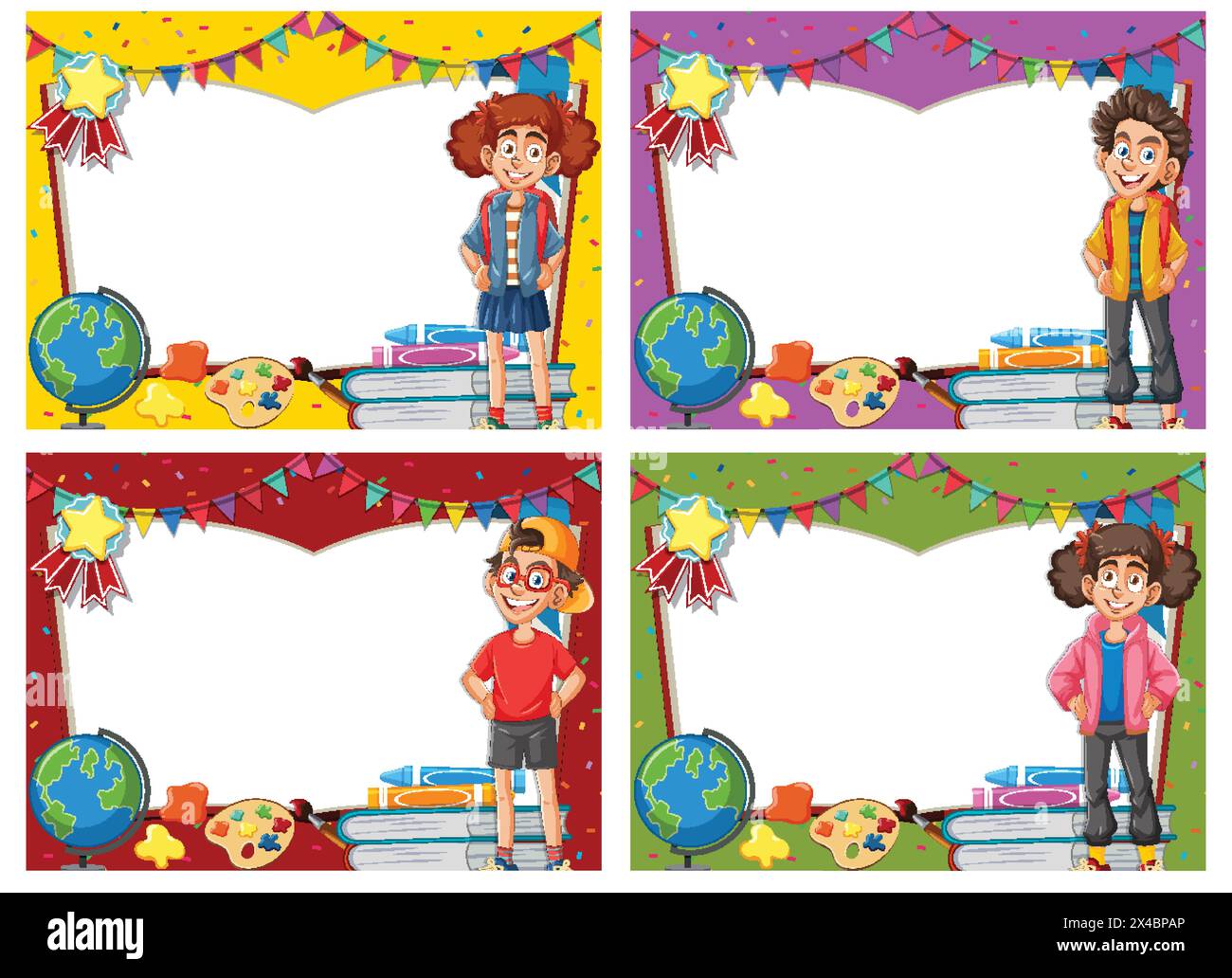 Four vibrant frames featuring cheerful school kids Stock Vector Image ...