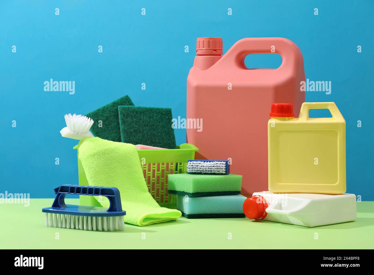 Front view of set of cleaning tools with sponges, brushes and wiper ...