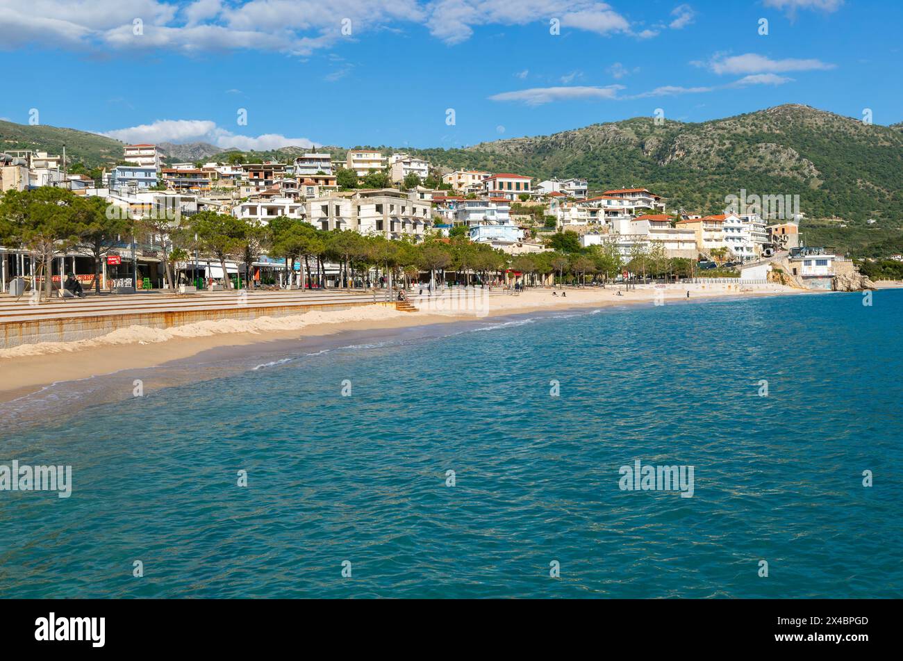 Turquoise blue sea at town beach of Himare, Albanian Riviera, Albania ...