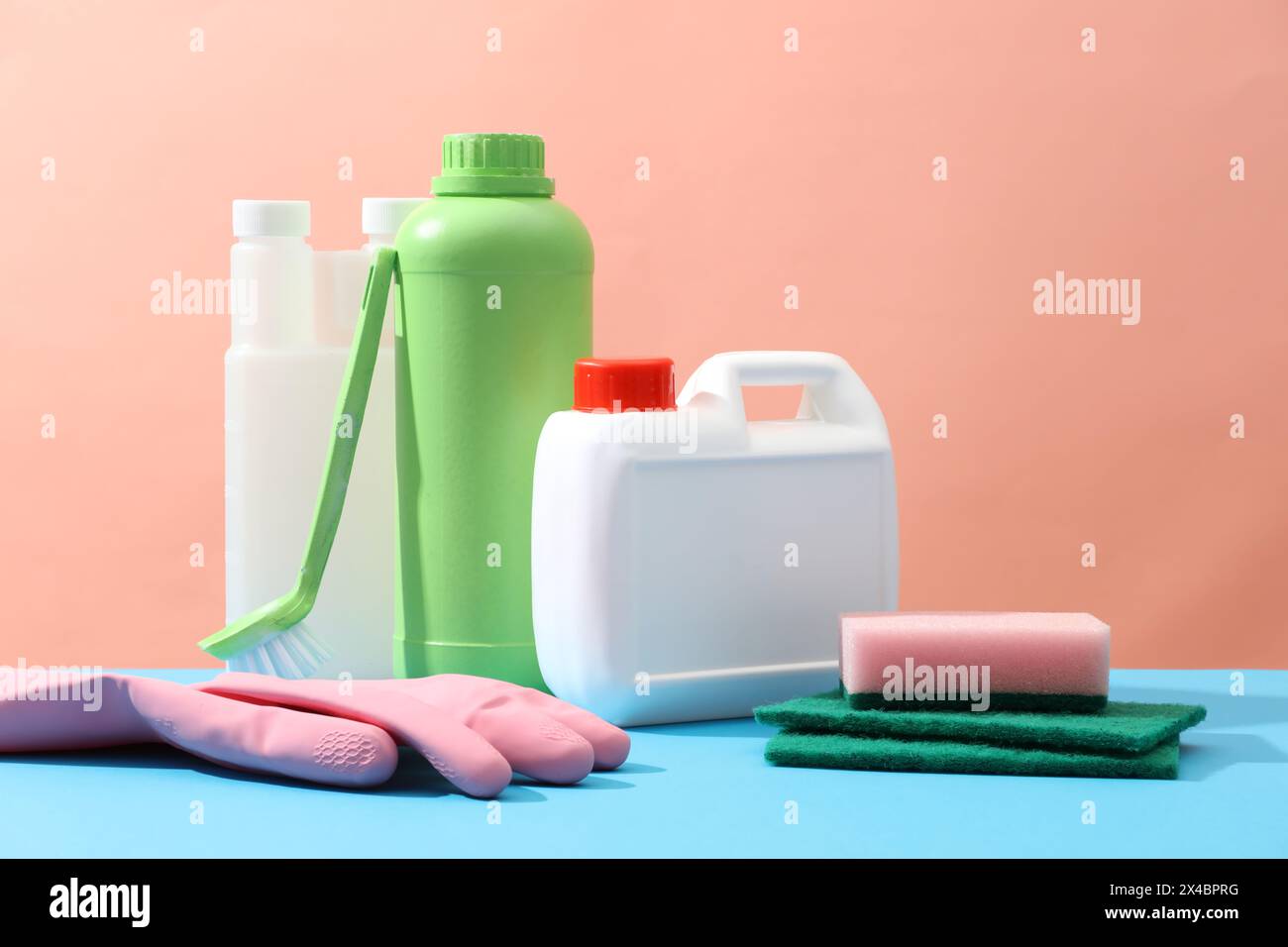 Cleaning product tool equipments: detergents bottles, gloves, sponges ...