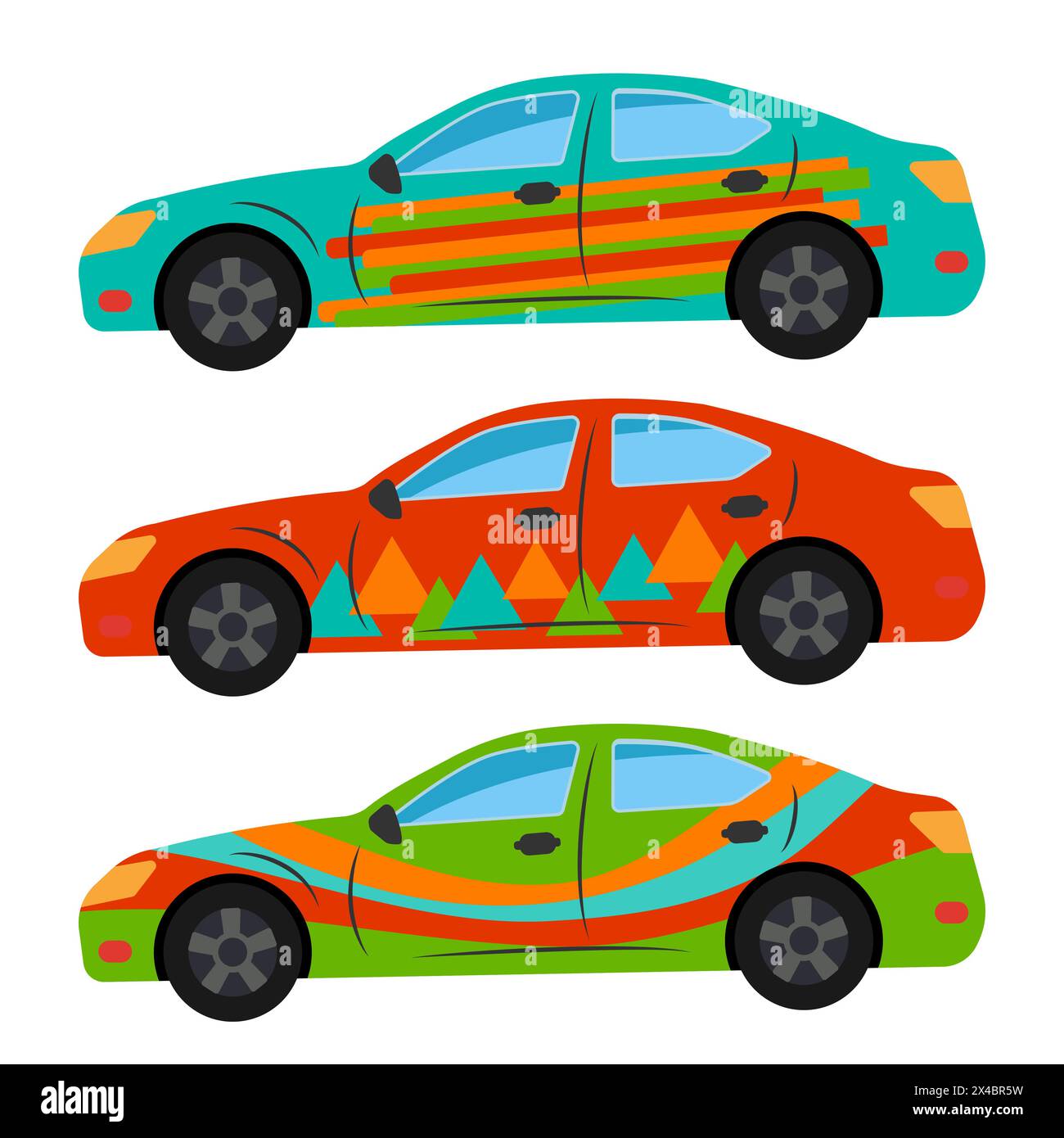A set of three cars painted in different colors. Vector illustration ...