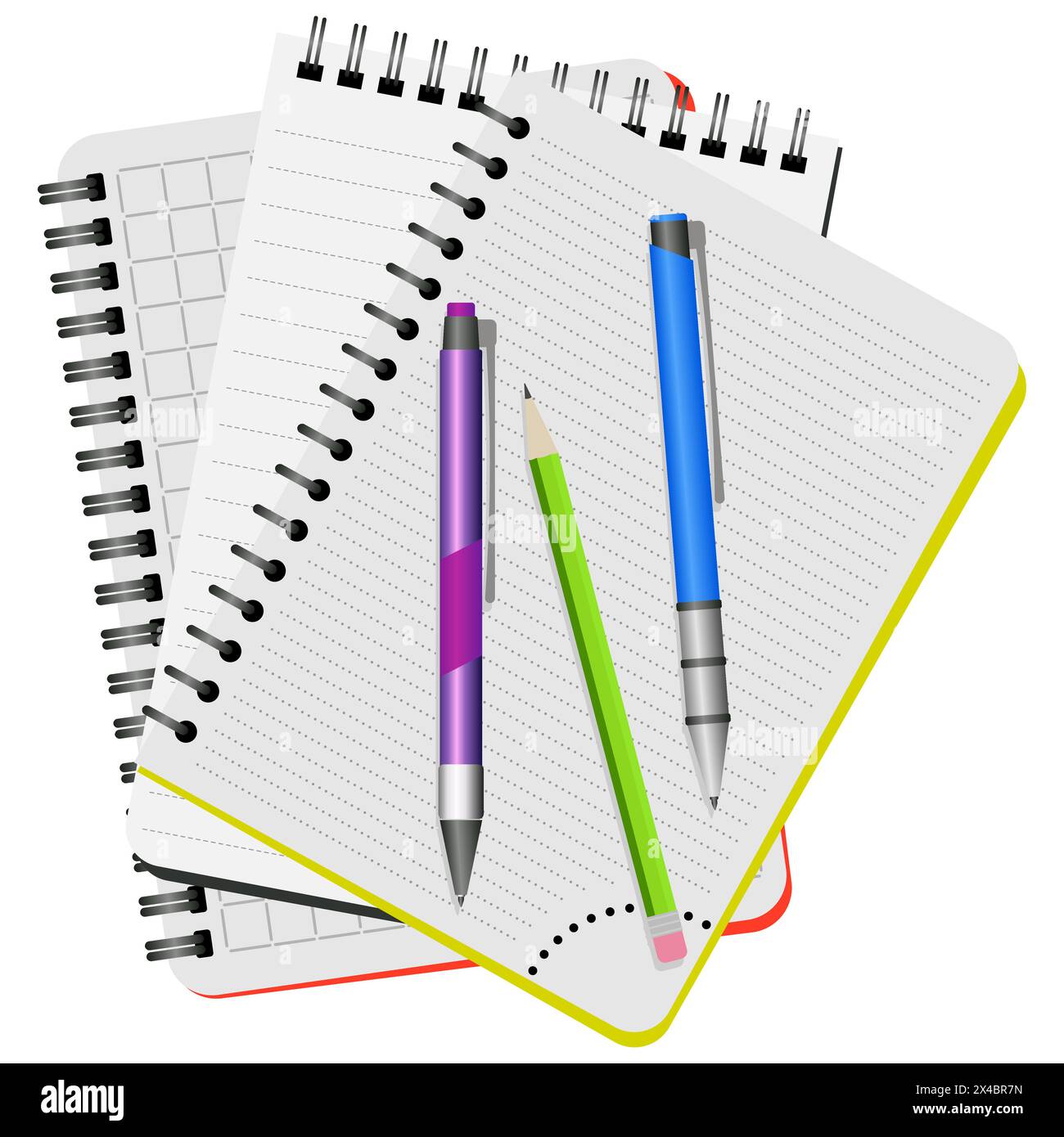 Three notebooks, purple pen, blue pen and green pencil on a white ...