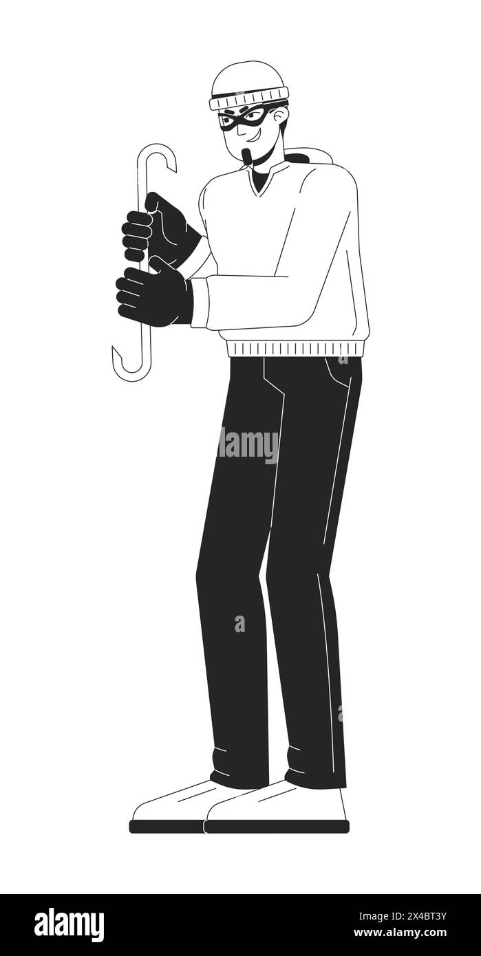 Caucasian man criminal with crowbar black and white 2D line cartoon ...