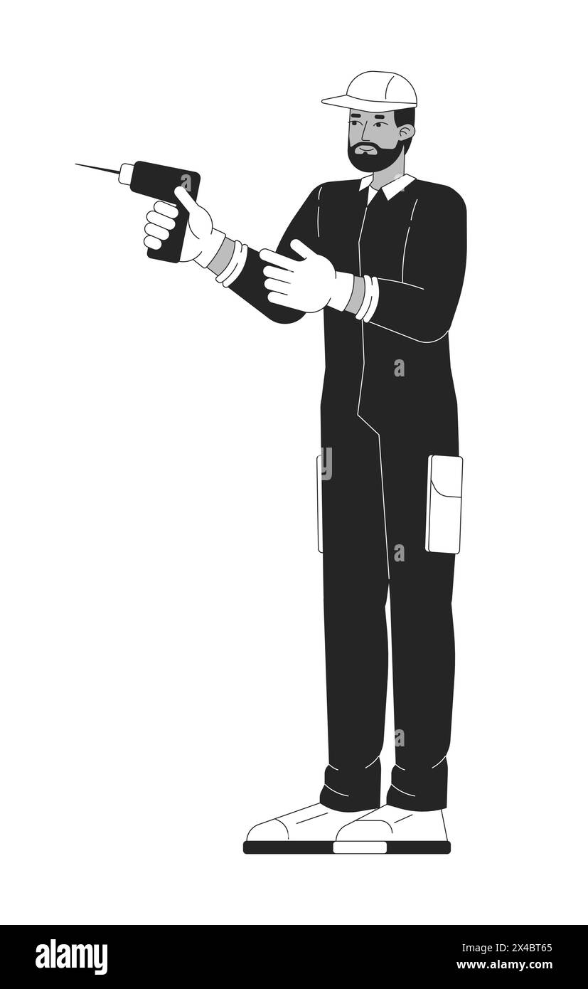 African american repairman with drill black and white 2D line cartoon character Stock Vector ...