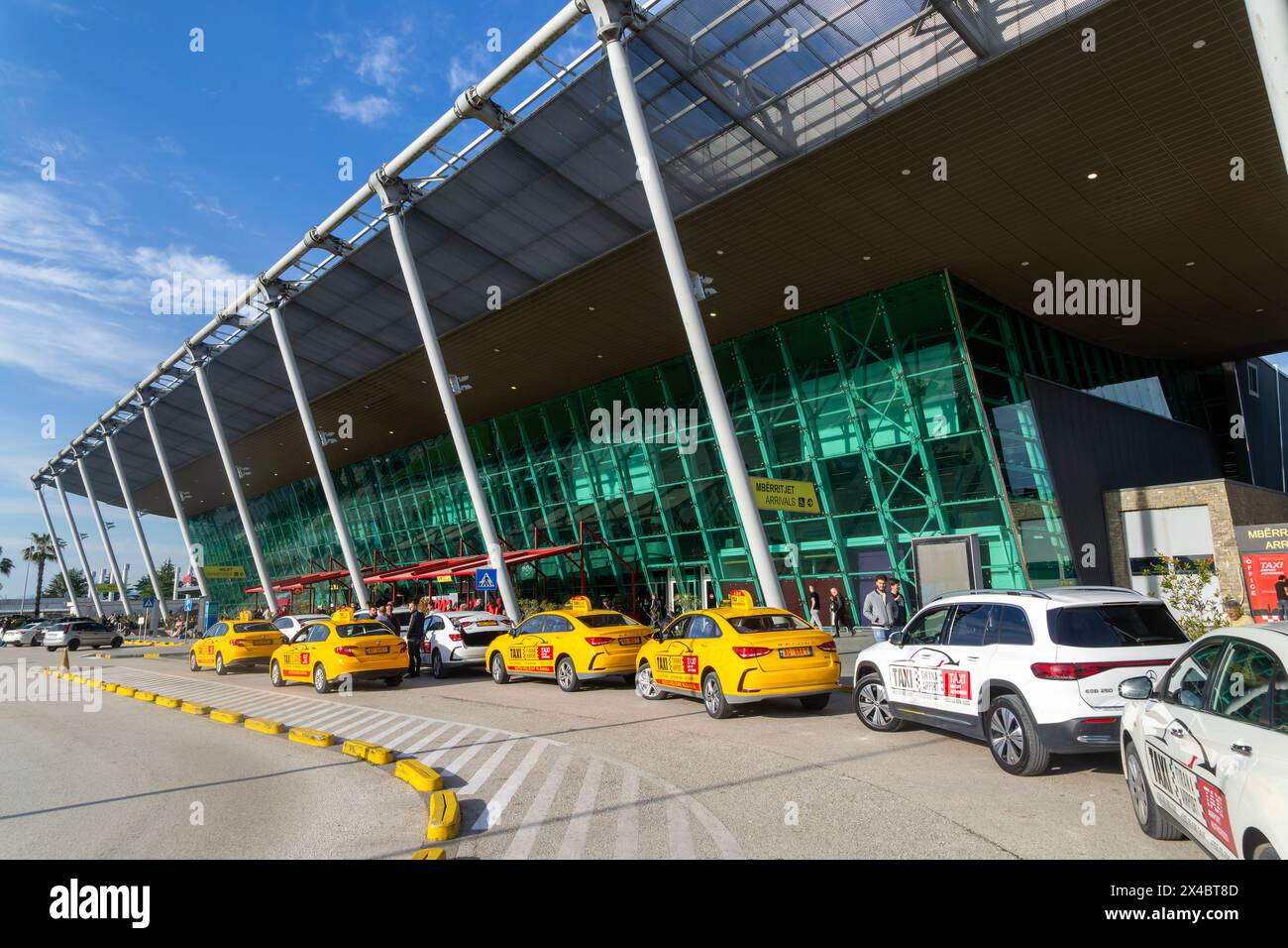 Taxis outside terminal building Tirana International Airport Nënë Tereza, Mother Theresa Rinas ...