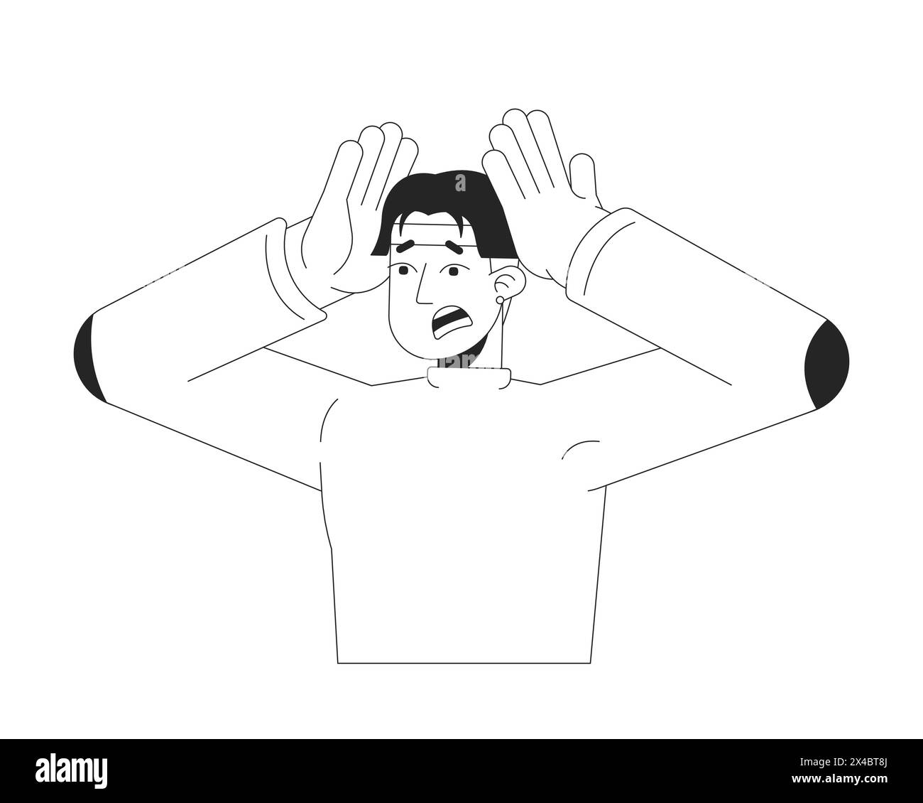 Emotional asian man squeezing head black and white 2D line cartoon character Stock Vector Image ...