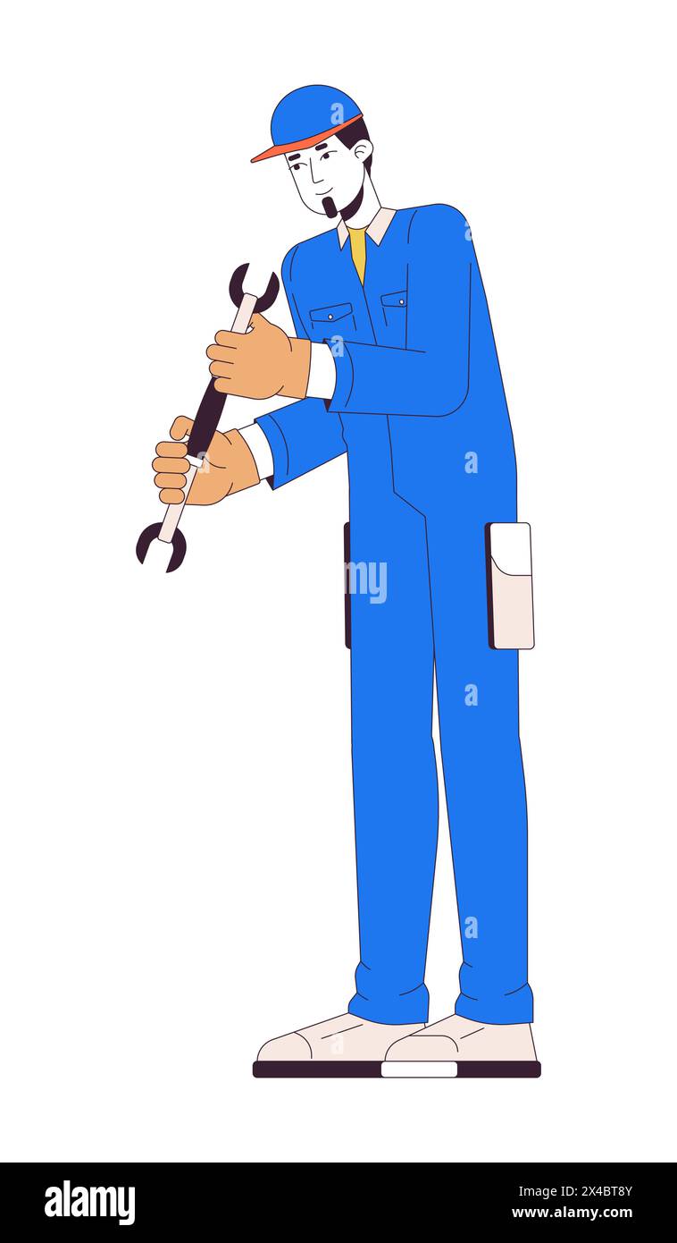 Caucasian worker with wrench 2D linear cartoon character Stock Vector ...