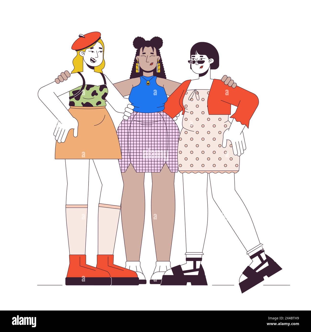 Diverse plus sized women in stylish clothes 2D linear cartoon ...