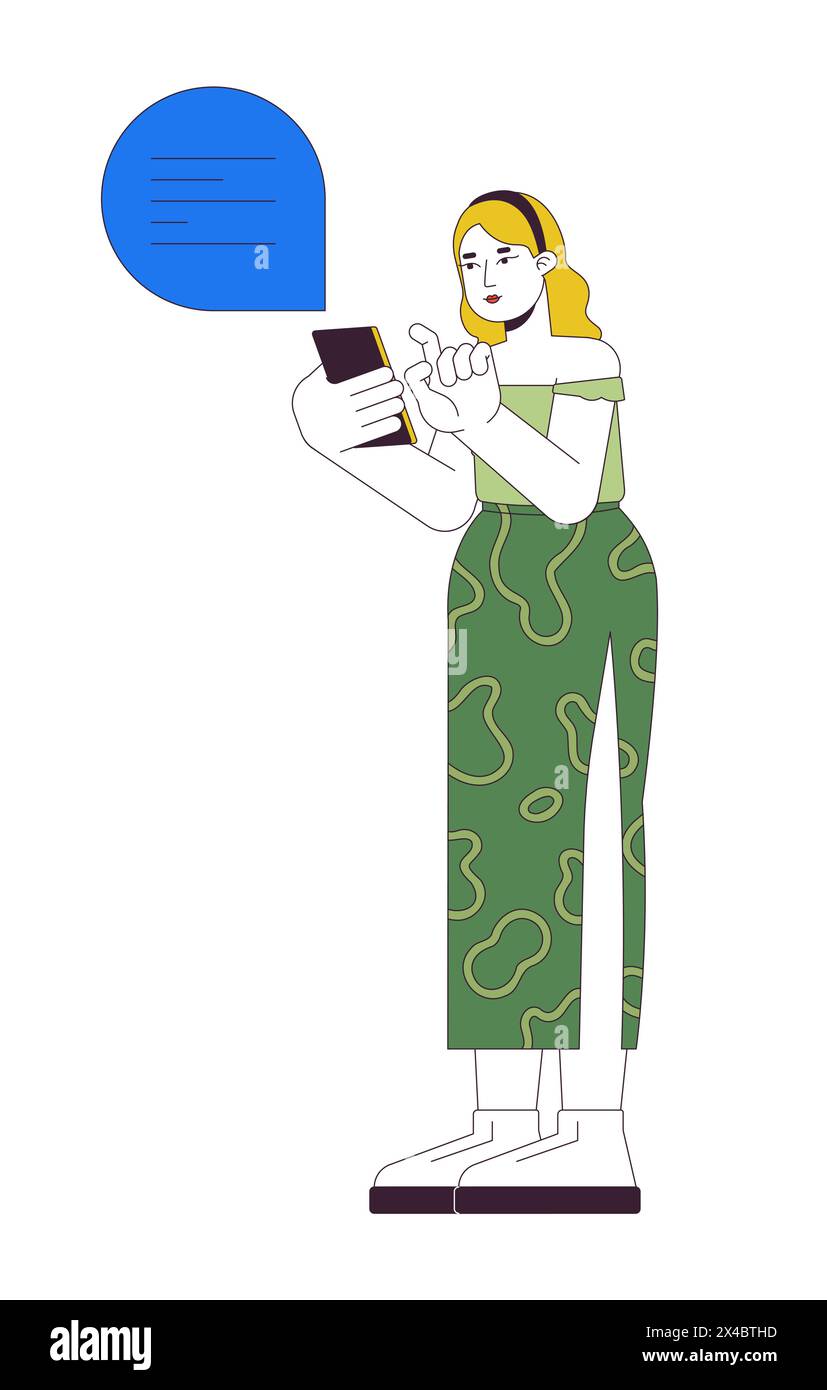 Plus sized caucasian woman using mobile phone 2D linear cartoon ...