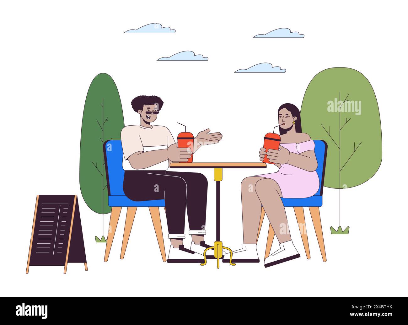 Diverse couple of plus sized people in cafe line cartoon flat ...