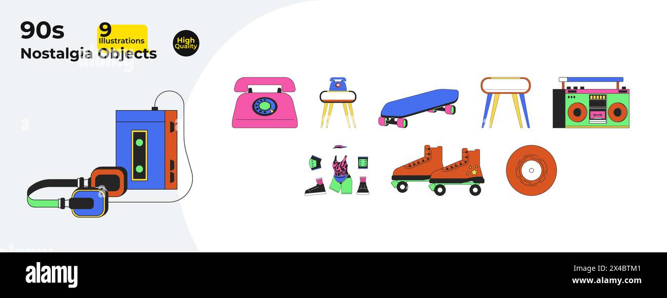 Nostalgia retro revival 2D linear cartoon objects bundle Stock Vector ...