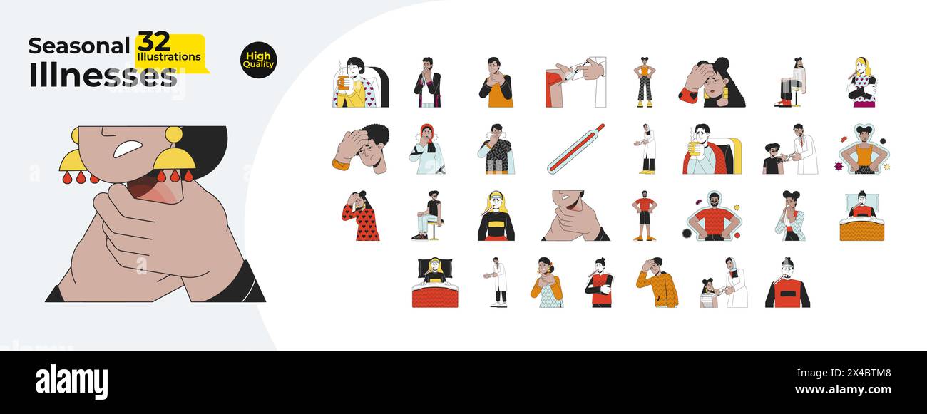 Seasonal influenza treatment line cartoon flat illustration bundle ...