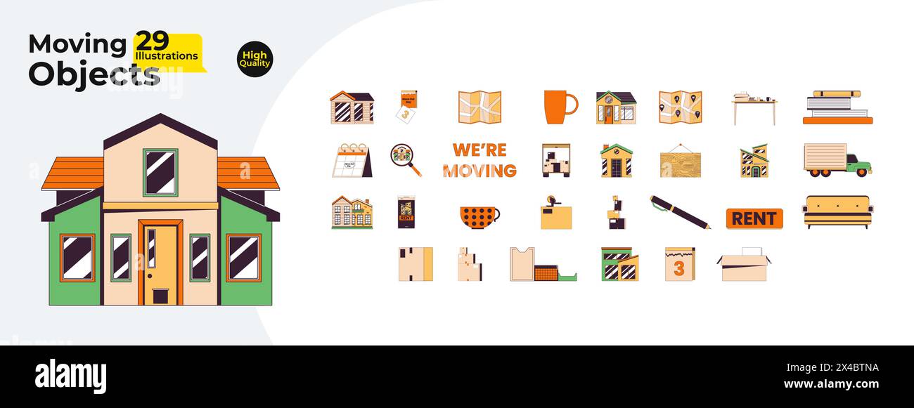 Renting moving in 2D linear cartoon objects bundle Stock Vector Image ...