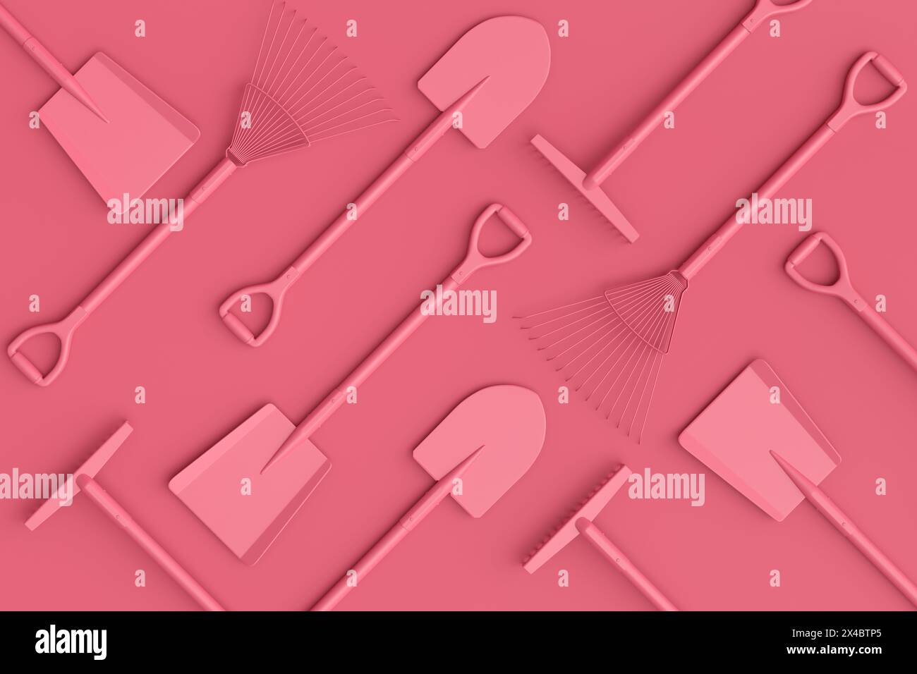 Garden shovel, pitchfork and rake on monochrome background. 3d render ...