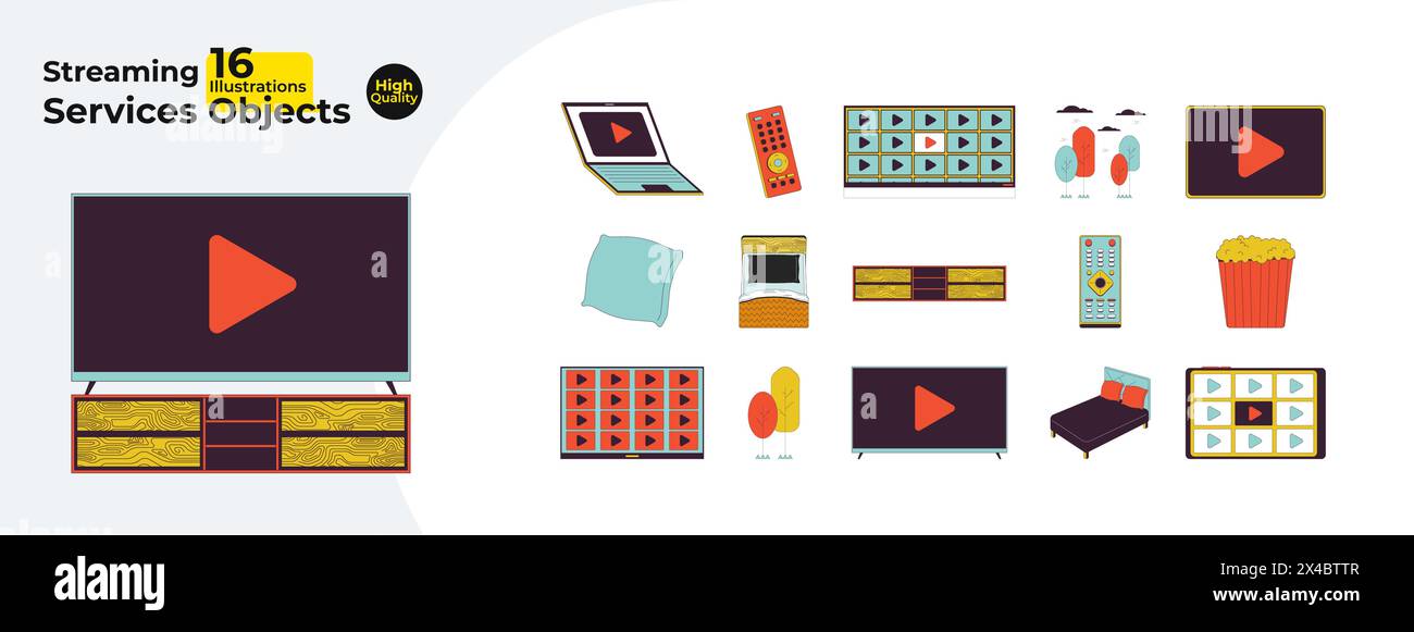 Streaming platform watching 2D linear cartoon objects bundle Stock ...