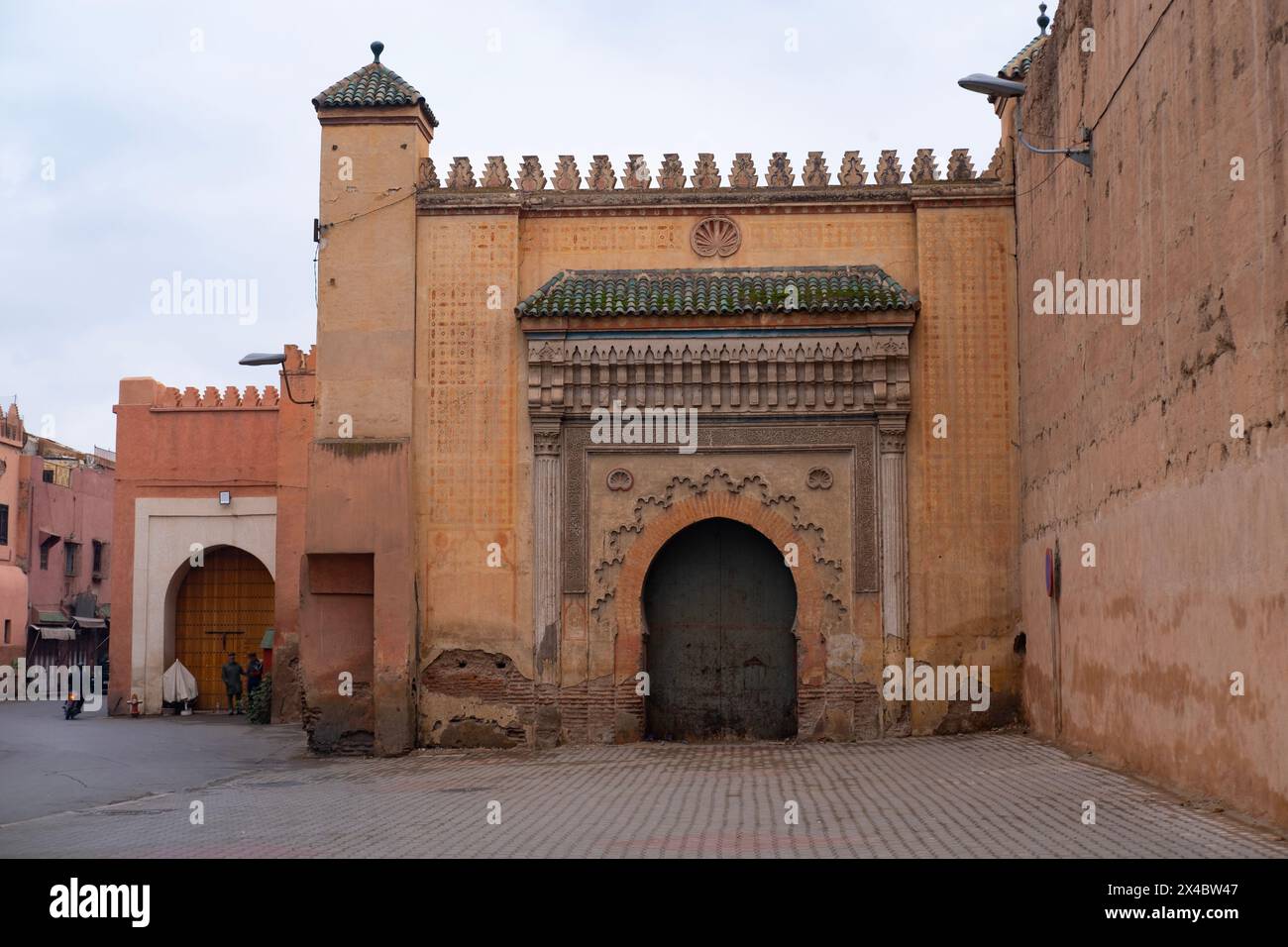 old fortress wall with gate, Authentic details traditional Moroccan ...