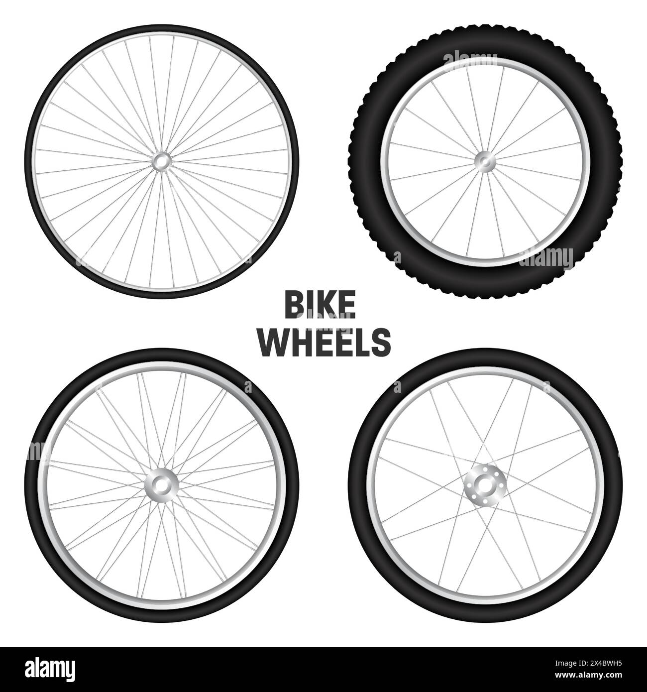 Realistic 3d bicycle wheels. Bike rubber tyres, shiny metal spokes and ...