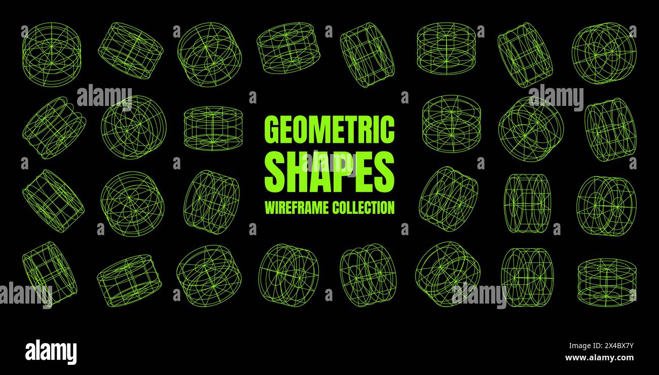 Wireframe lined shapes. Perspective mesh, 3d grid. Low poly geometric ...