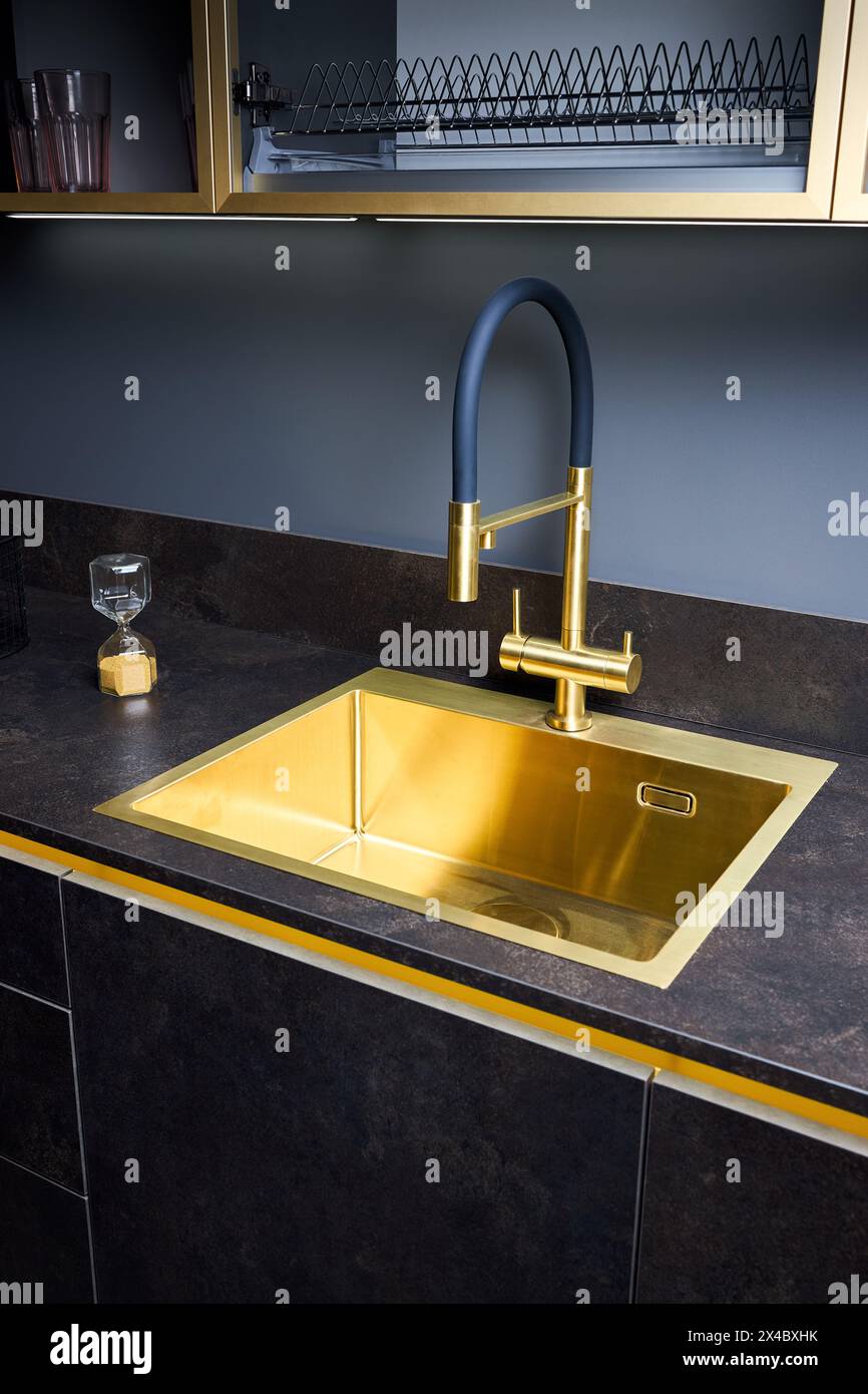 Luxurious interior square golden brass sink and faucet double tap mixer ...