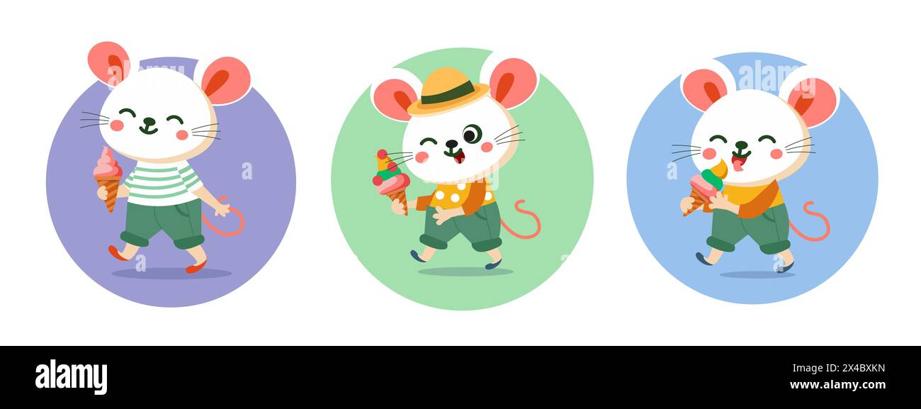 Cute cartoon stylised mice in city eating ice cream. Characters for ...
