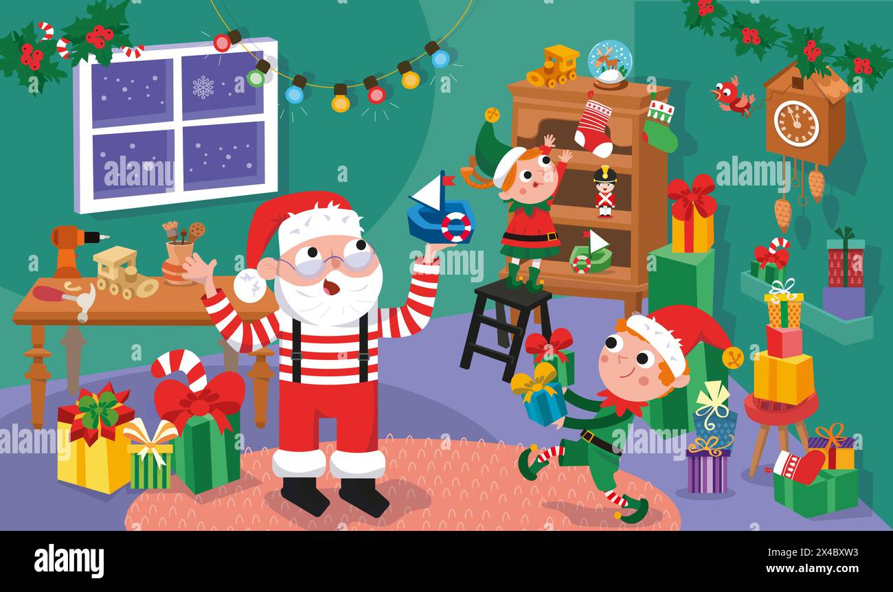 Cute Santa and Elf makes gifts for children. Santa Claus workshop with ...