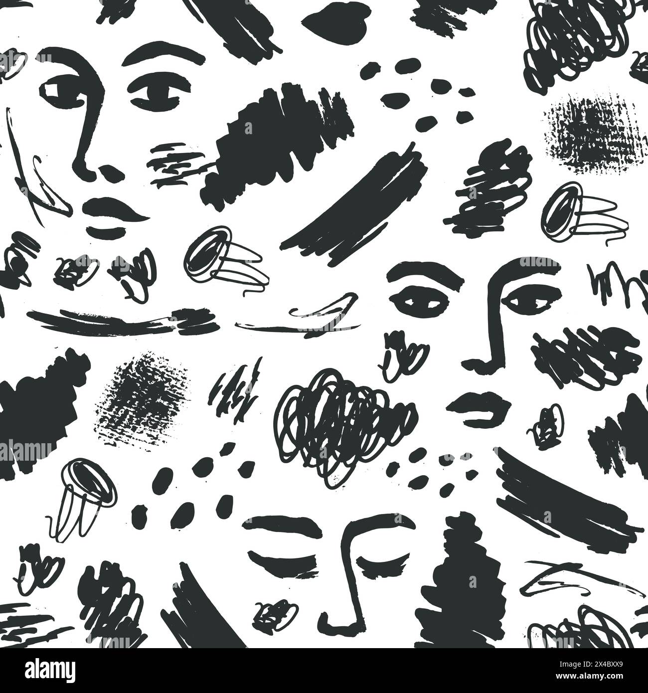 Vector face abstract art seamless pattern. Woman fashion print with ink ...