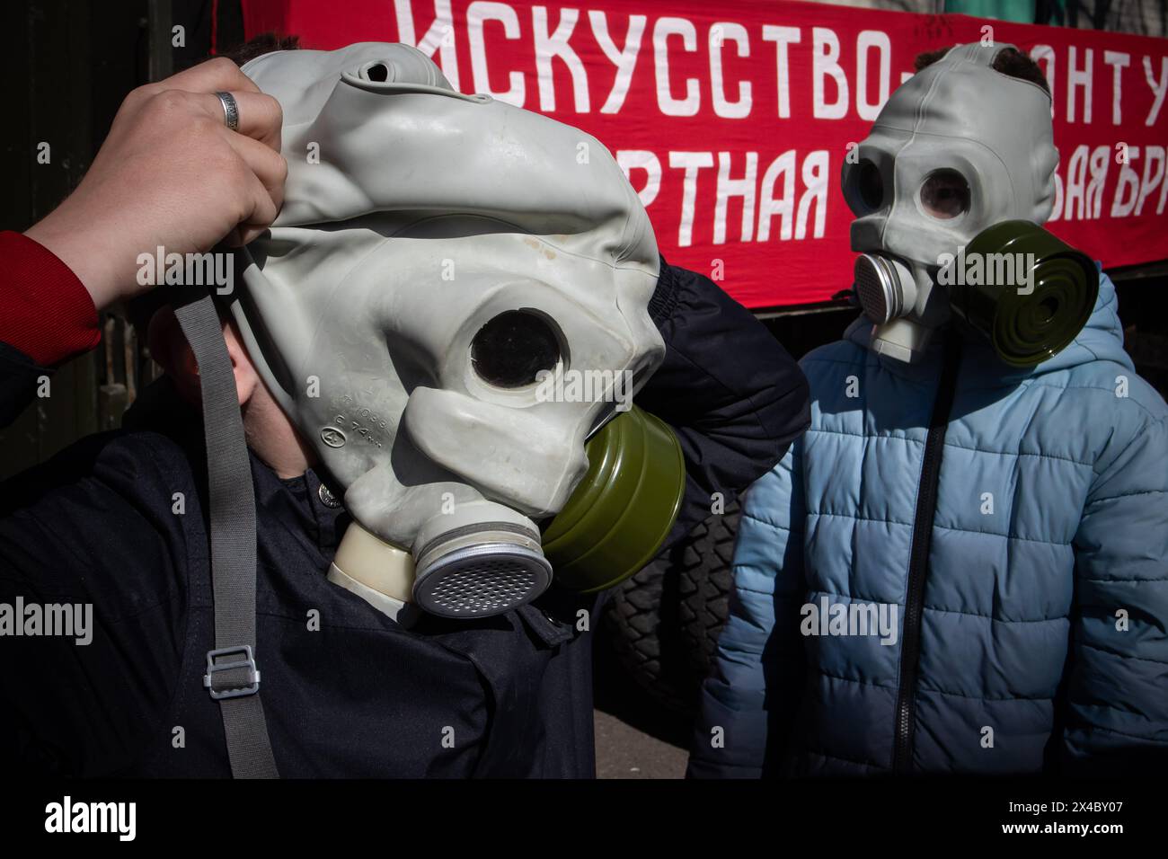 St. Petersburg, Russia. 01st May, 2024. Participants wear gas masks ...