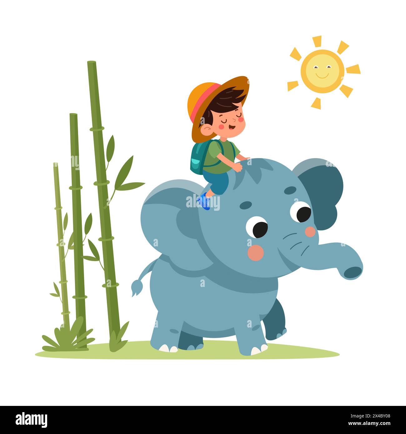 Cute stylised cartoon boy riding an elephant. Nature and plants of Asia ...