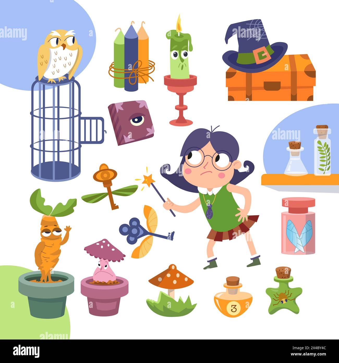 Cute witch girl with magic wand, hat, items on white background ...