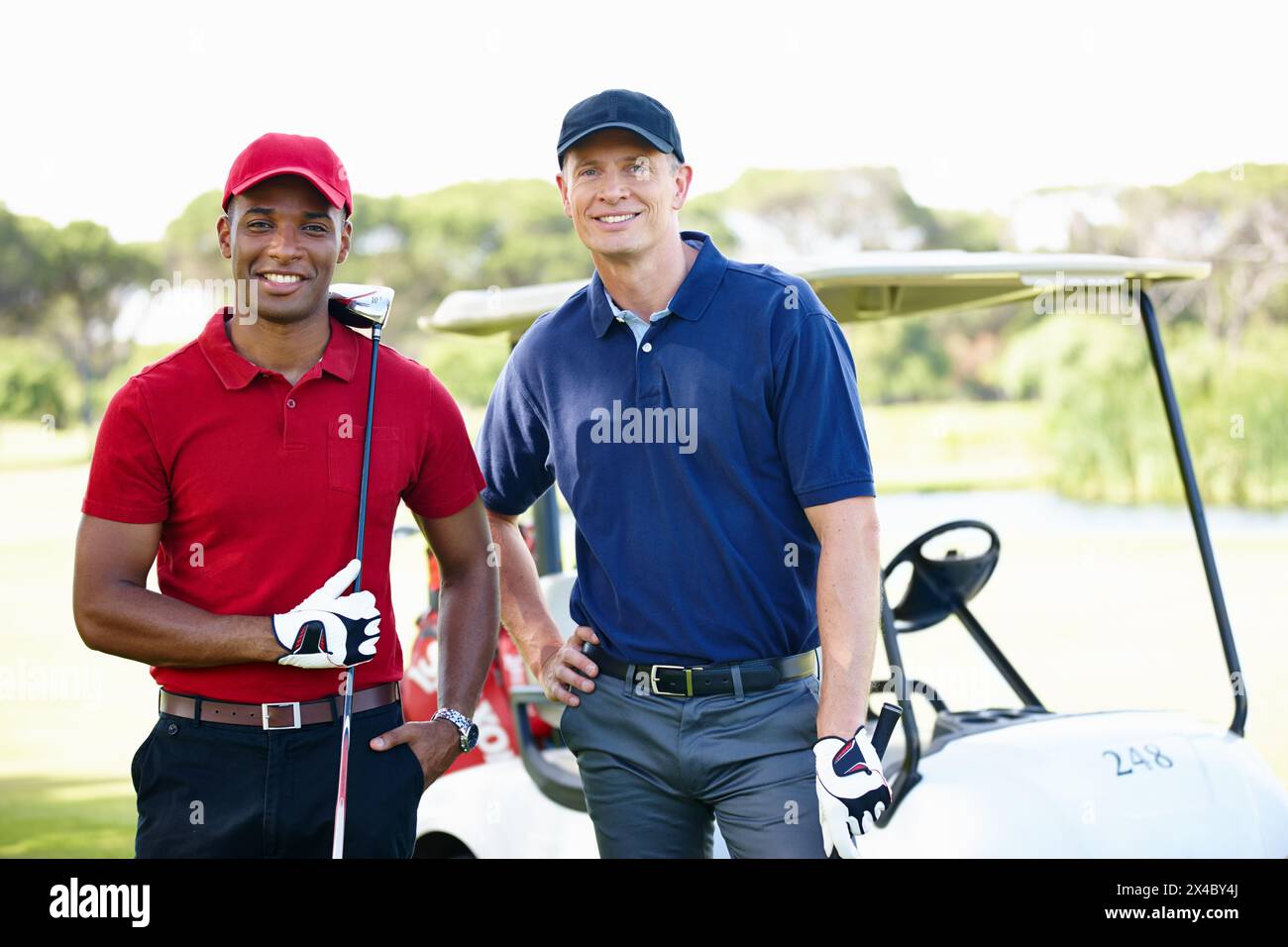 Portrait, men and club on golf course with transport for training ...