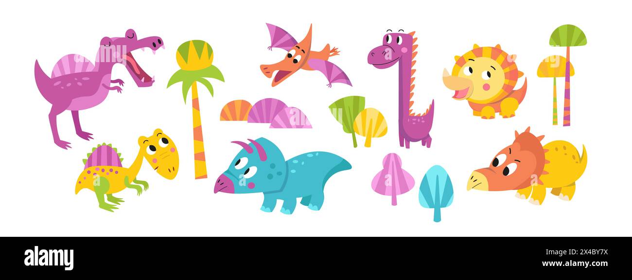 Cute cartoon set dinosaurs. Flat stylised isolated simple illustration ...