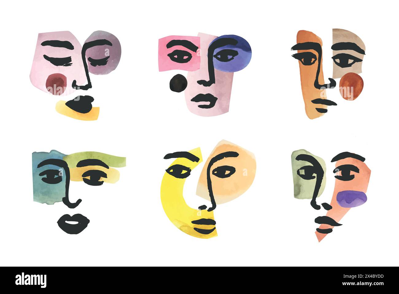 Vector set of woman collage faces, ink hand drawn portraits with ...
