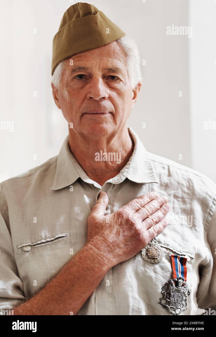Senior person, army and veteran in portrait for memories, pride and ...