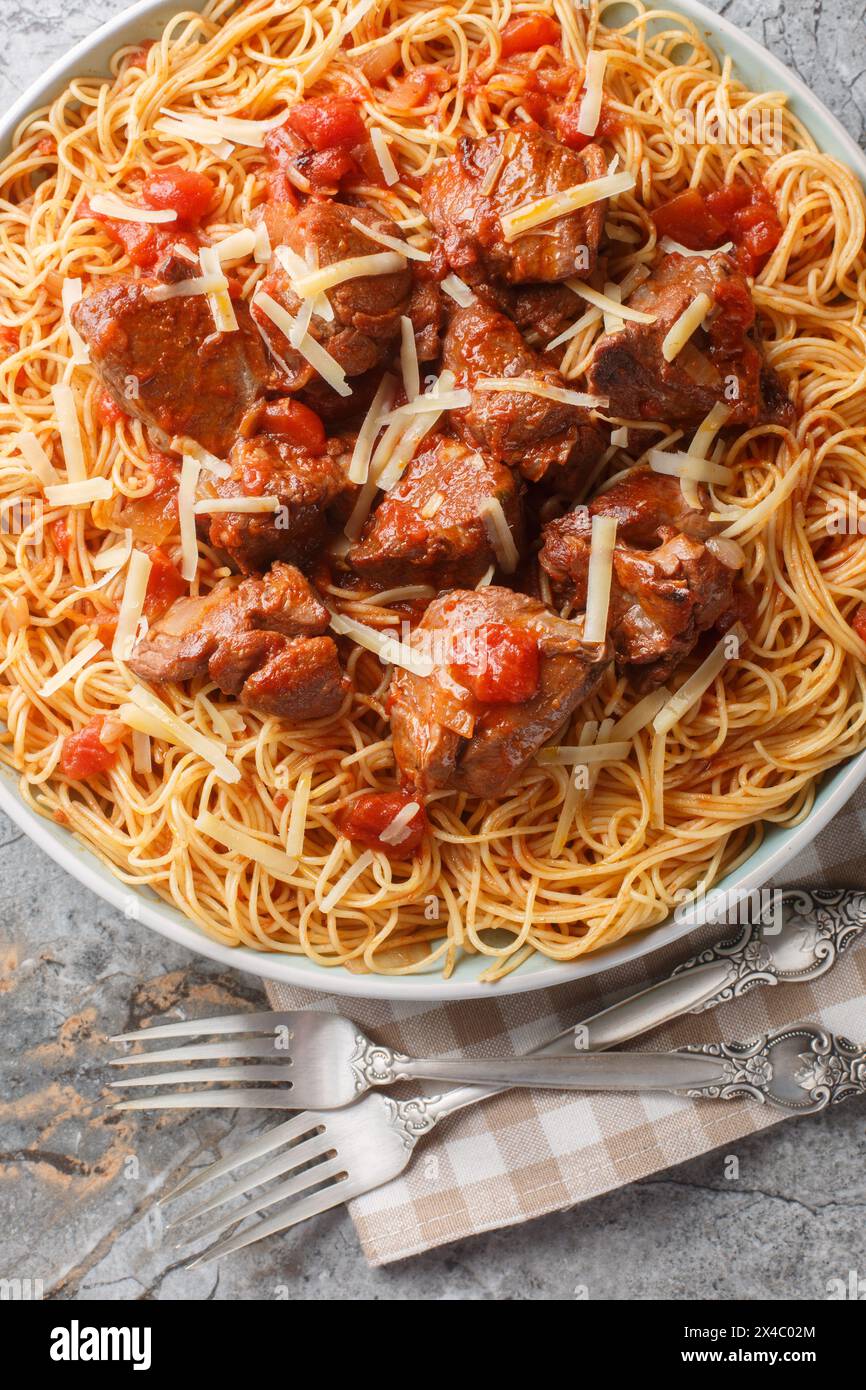 Mediterranean kokkinisto beef stew in spicy wine tomato sauce served ...