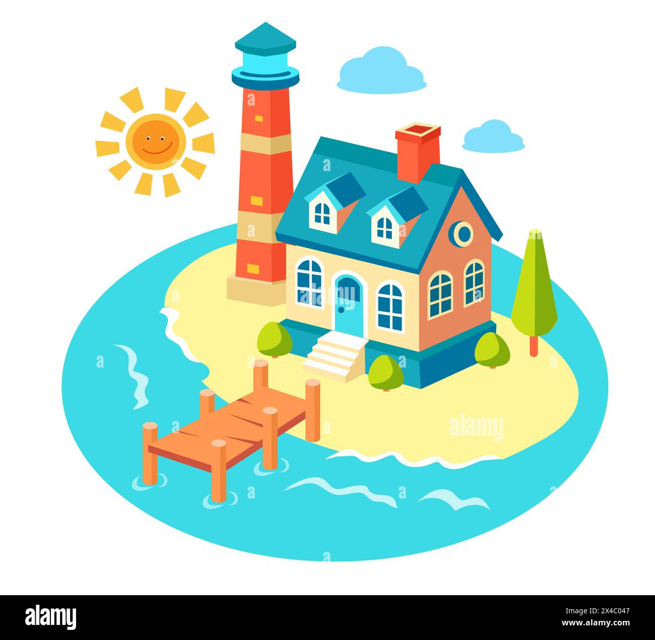 Flat illustration of seashore with lighthouse and house, cottage ...
