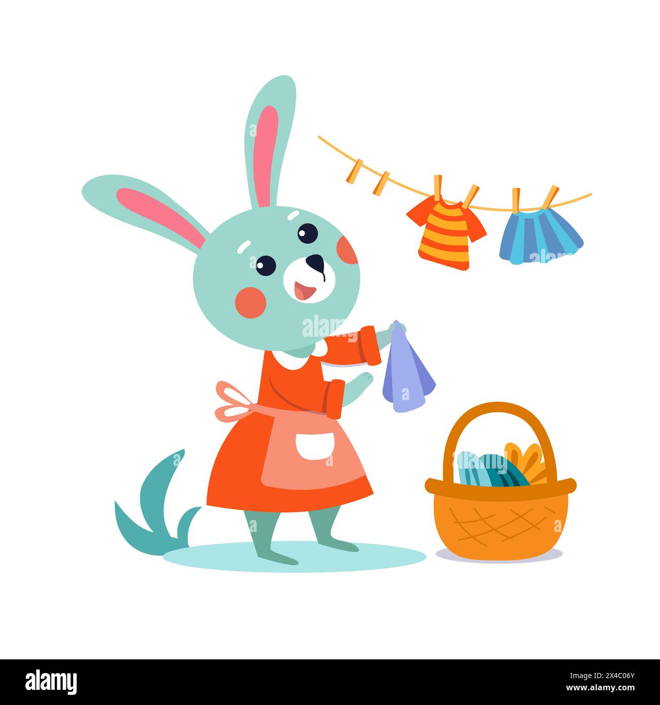 Cute stylised flat bunny rabbit mum hanging baby clothes. Cartoon ...