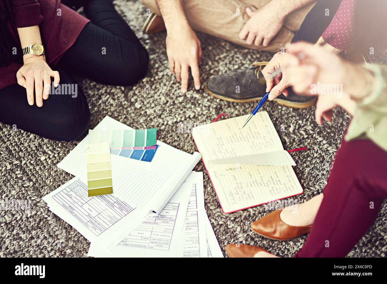 People, planning and paint swatch for interior design with paperwork ...