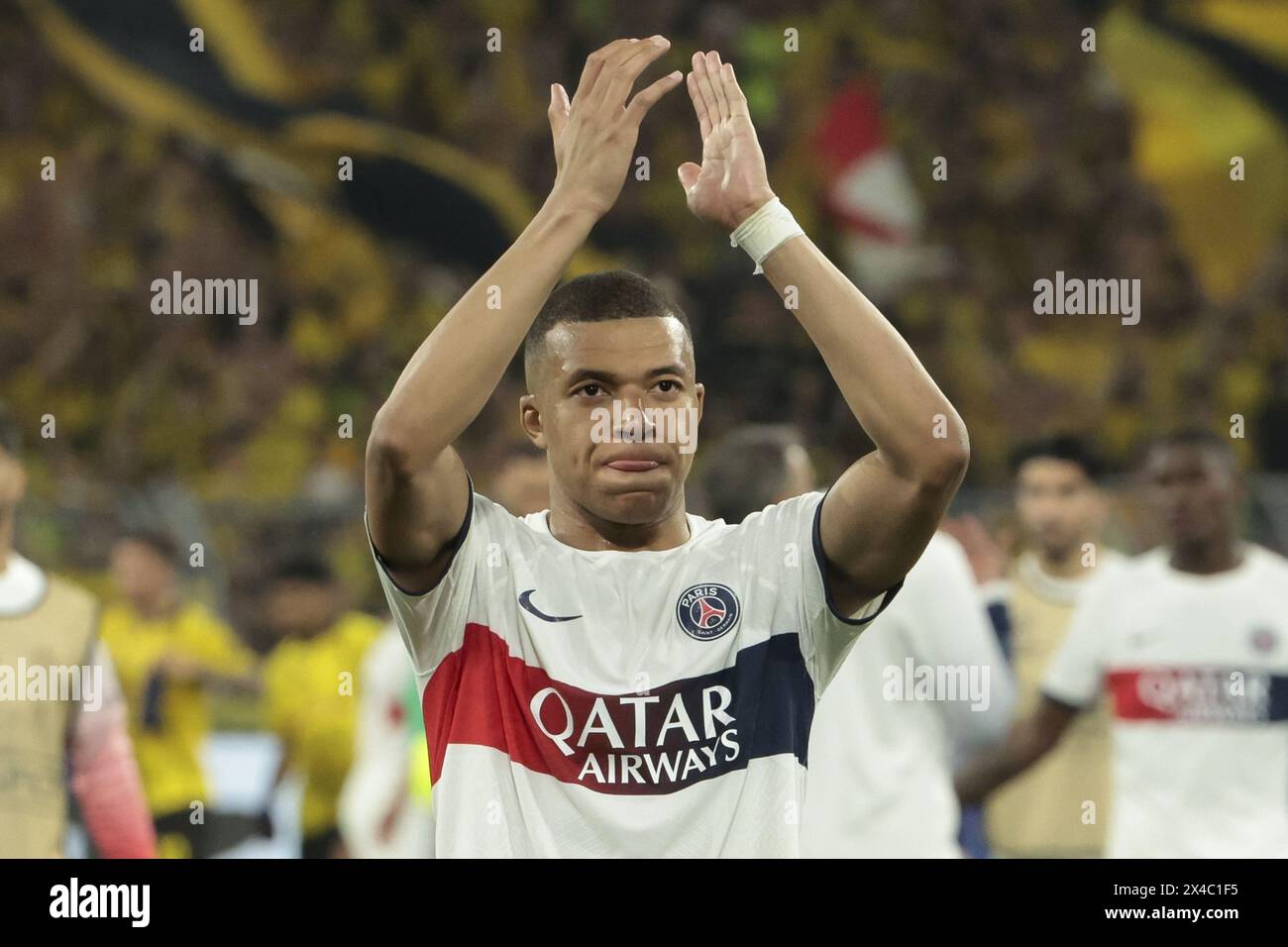 Kylian Mbappe of PSG salutes the supporters following the UEFA ...