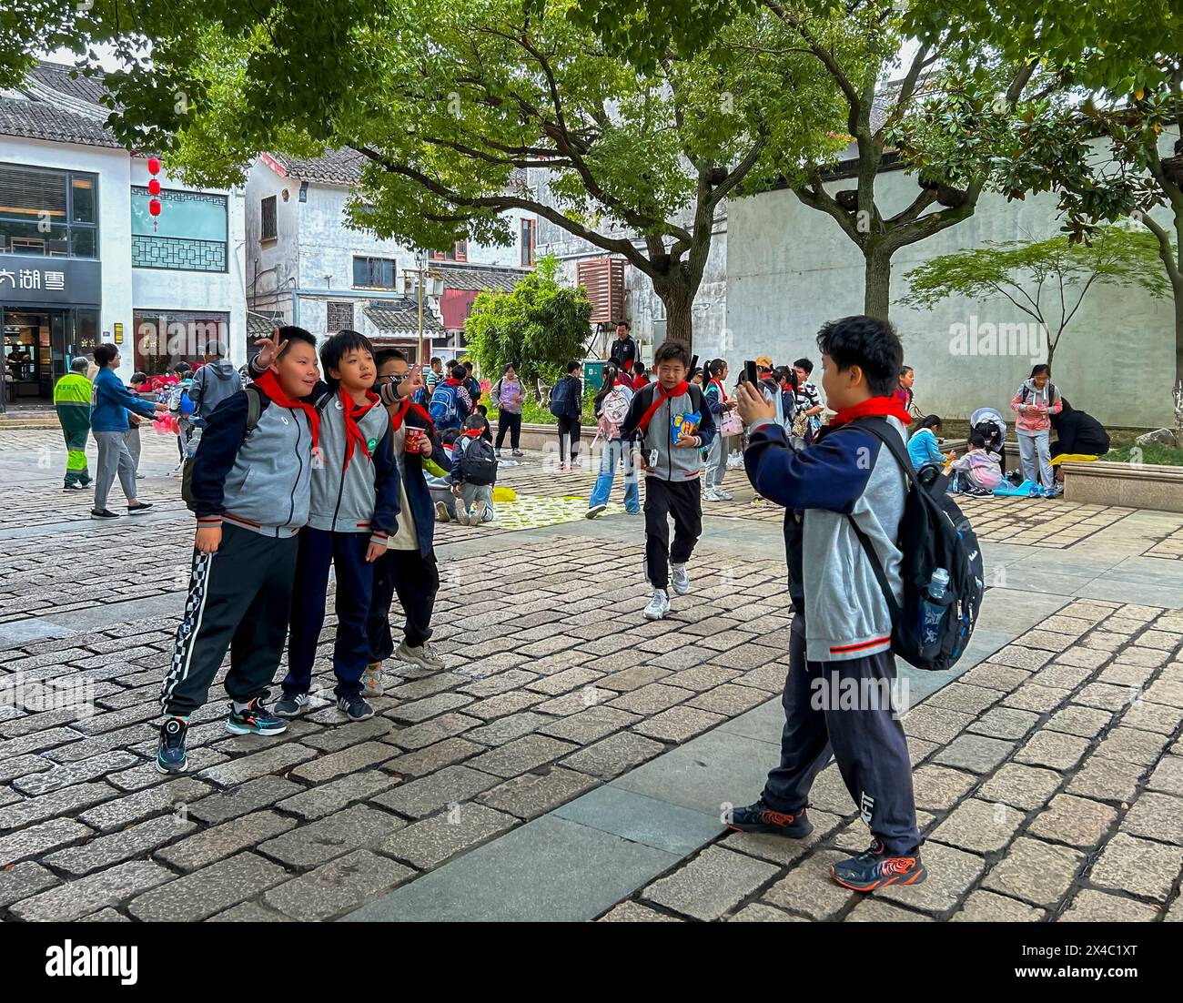 Suzhou, China, Crowd Chinese children visiting Historic town, Tongli ...