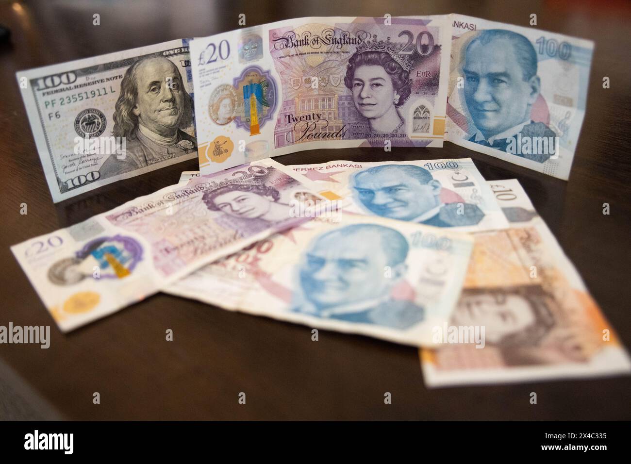 This image displays a 100 Turkish Lira note alongside 100 US Dollars ...